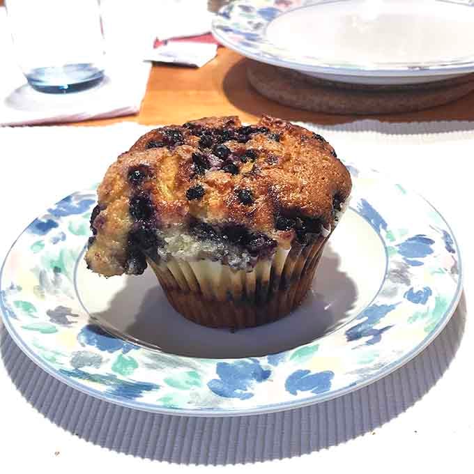That blueberry muffin has more berries than some orchards, sitting pretty on grandma's good china no less.