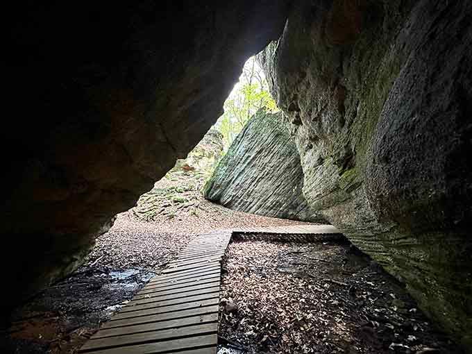 Boardwalks guide you through shadowy passages where light and stone create natural drama.