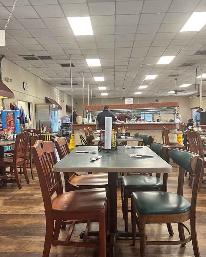 Spacious tables and ceiling fans create the perfect environment for contemplating your next buffet trip strategy.