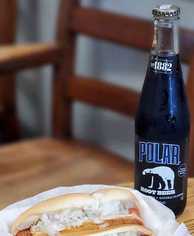 Polar Root Beer in a glass bottle, because some traditions are too good to mess with or modernize unnecessarily.