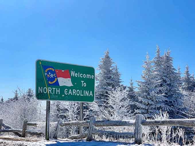 Winter can't diminish that welcome sign's magic, proving North Carolina looks good in every season imaginable.