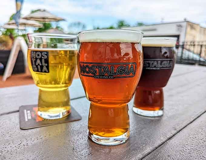 A flight of house-brewed beers ranging from light to dark, each one crafted on-site for your drinking pleasure.