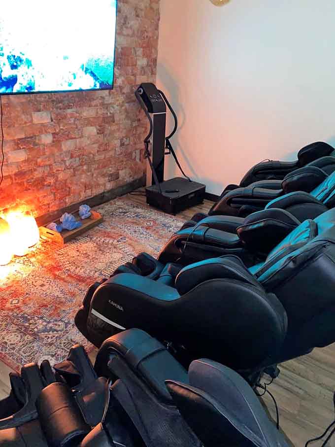 Massage chairs lined up like first-class airline seats, but infinitely more comfortable and without the turbulence worries.