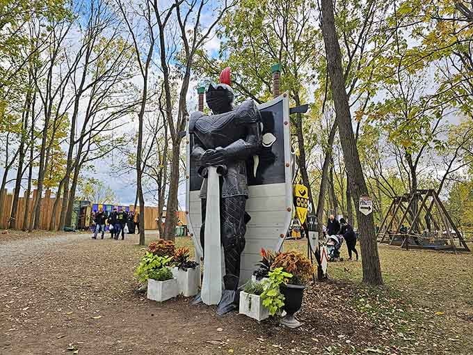 This towering knight statue stands guard, making you wonder if your lawn gnomes are trying hard enough.