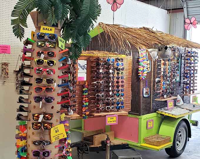 A tiki-themed sunglasses stand that screams Florida vacation vibes, protecting eyes with style and tropical flair everywhere.