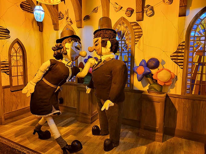 Victorian-era characters frozen mid-conversation, because apparently time travel is just another Tuesday here.