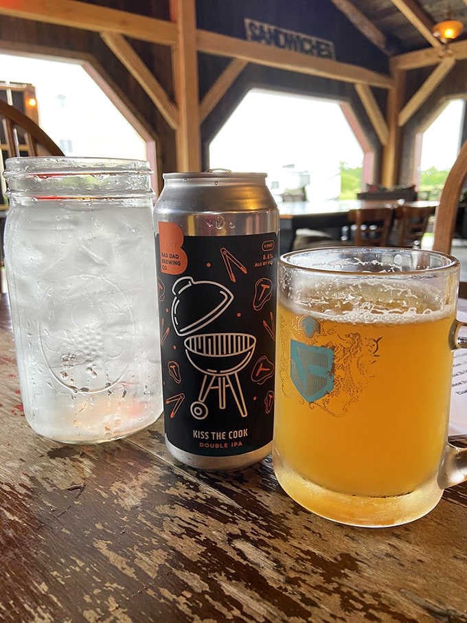 Mason jar simplicity meets craft beer sophistication under those magnificent timber beams overhead.