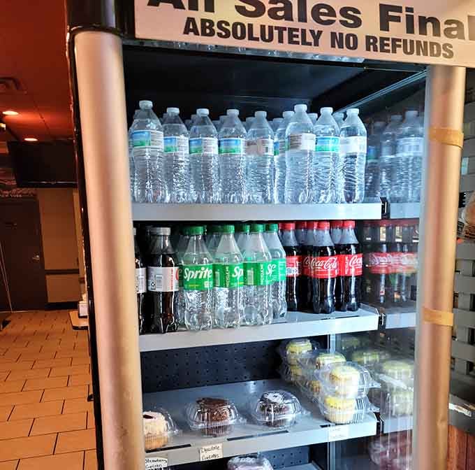 The beverage cooler stands ready to hydrate you through your epic battle with oversized Italian cuisine ahead.