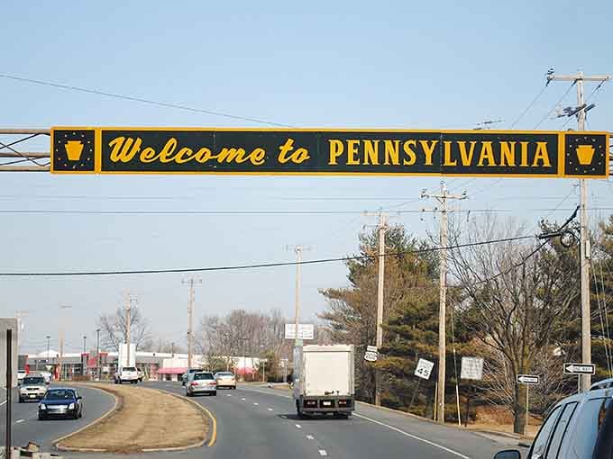That overhead welcome banner stretches across the road like a big Pennsylvania hug for everyone passing through.
