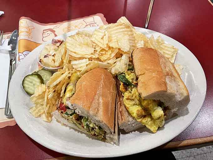 The pepper and egg sandwich comes with enough chips to share, though you absolutely won't want to.