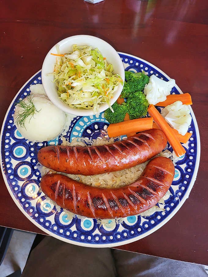 Grilled kielbasa with all the fixings, served on pottery that's almost as beautiful as the sausage itself.