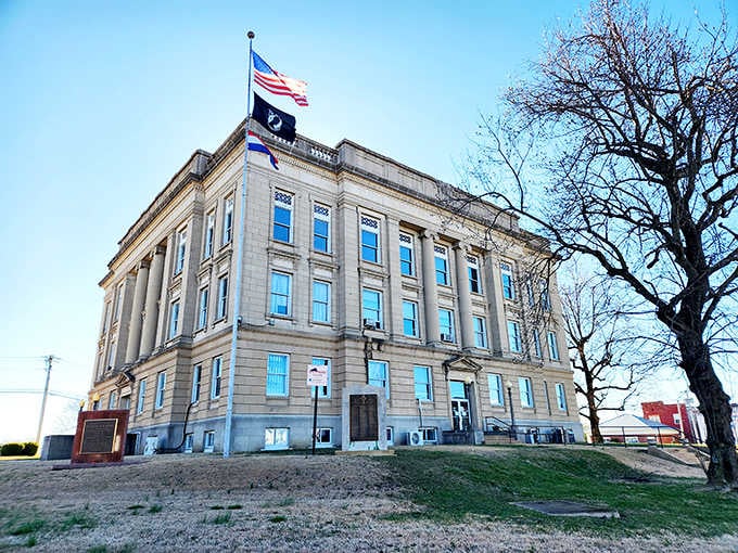 The stately courthouse commands attention, standing as a testament to civic pride and architectural ambition in southeastern Missouri.