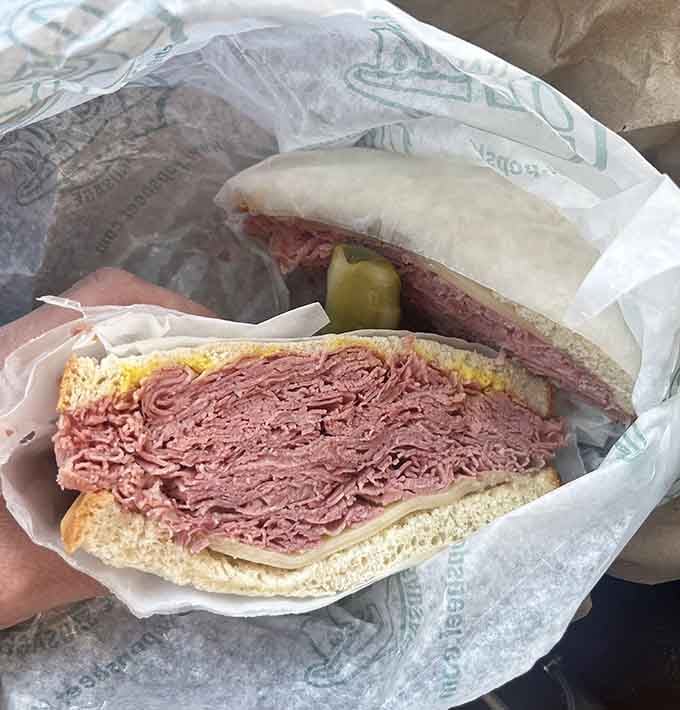 Corned beef gets the royal treatment here, piled high with just the right amount of pickle for balance.