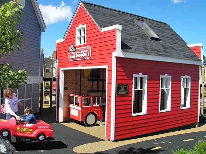 This red firehouse lets kids answer the call to adventure without waiting for an actual emergency.