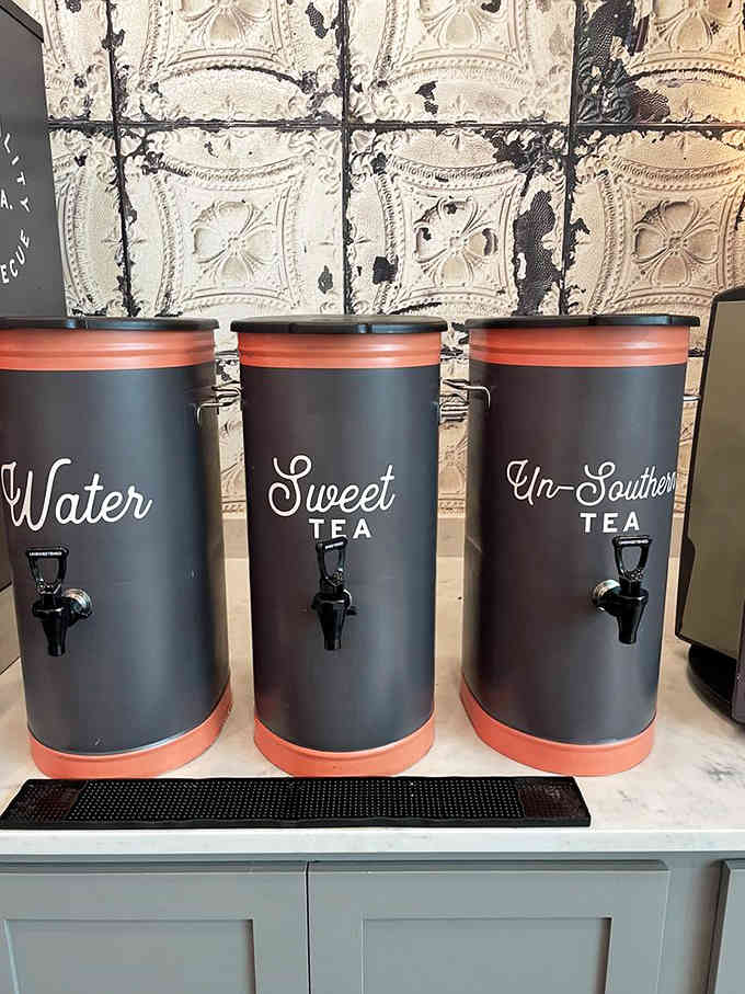 Sweet tea, un-sweet tea, and water: the holy trinity of Southern beverage options awaits your selection here.