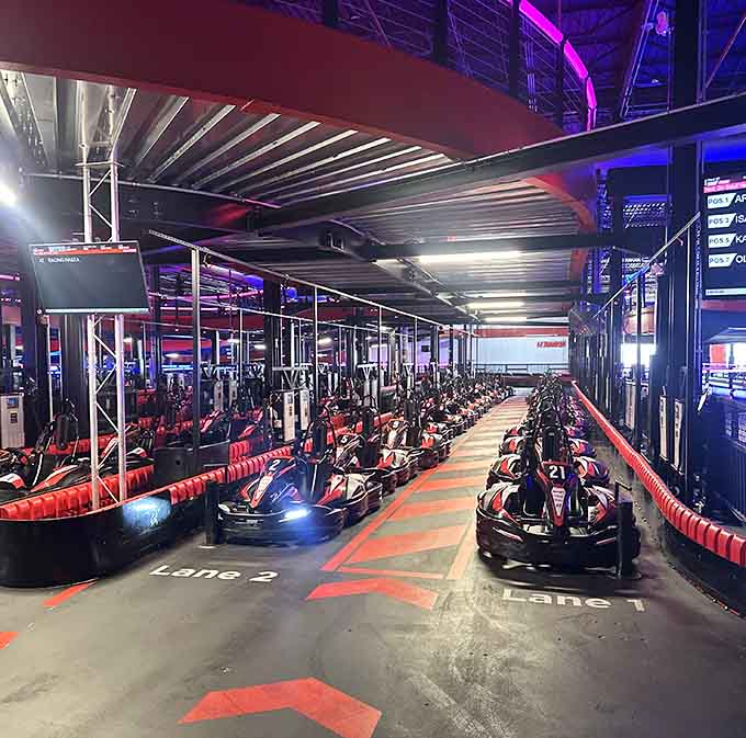 Every kart lined up and ready, like racehorses at the gate, except these don't require feeding or cleanup.