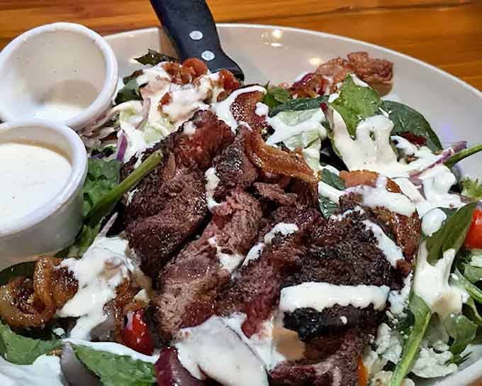 A Cobb salad topped with sliced steak, for when you want to pretend you're being healthy today.