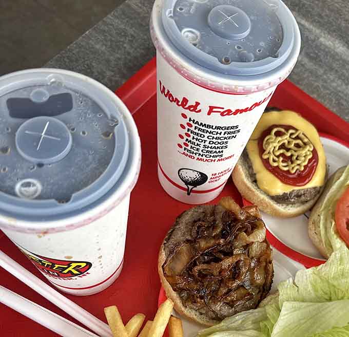 Those condensation-covered cups mean one thing: ice-cold drinks ready to wash down some seriously good food.