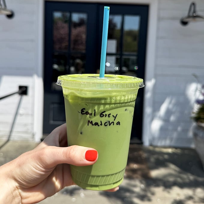 That vibrant matcha drink is so green it practically glows, like someone bottled up springtime and added a straw.