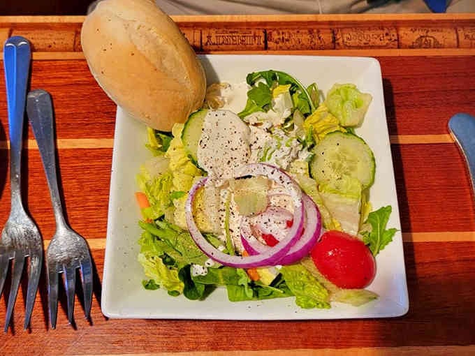 Even the house salad looks fresh and inviting, though let's be honest, you're probably ordering the fried shrimp anyway.