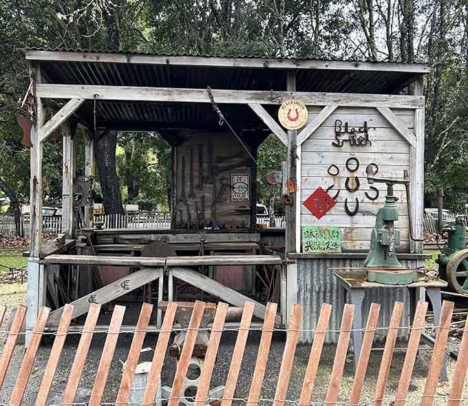 The blacksmith shop stands ready, a reminder that people once made everything by hand, including their own entertainment.