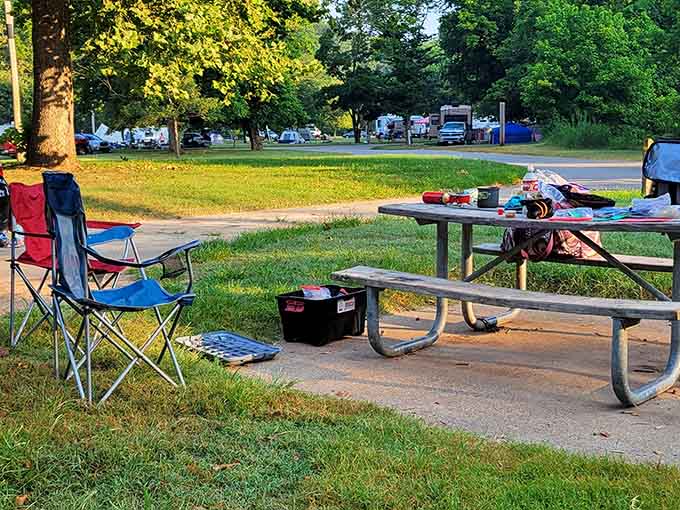 A picnic table waits in golden hour light, ready for stories, snacks, and the simple joy of gathering outdoors.