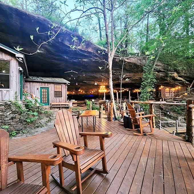 This deck proves that outdoor furniture and ancient rock formations make surprisingly compatible roommates for relaxation.