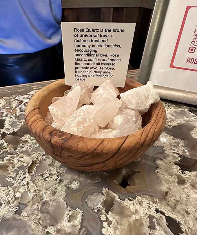 Rose quartz and healing crystals displayed like nature's own pharmacy for the soul and spirit.