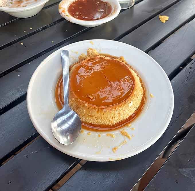 Flan so smooth and caramel-drenched, it's like a sweet hug for your taste buds after lunch.