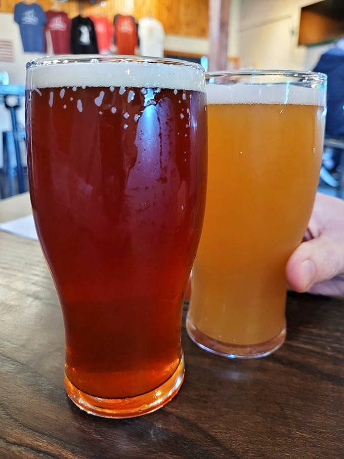 Two perfectly poured craft beers catching the light, ready to make your afternoon infinitely more interesting.