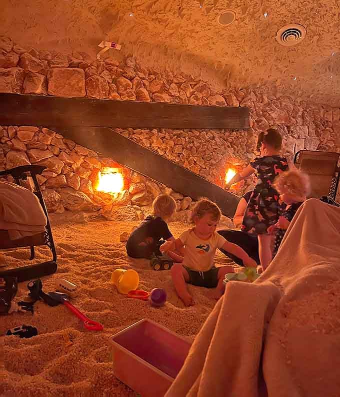 Kids playing in therapeutic salt while parents relax nearby&mdash;everyone wins in this scenario, miraculously.