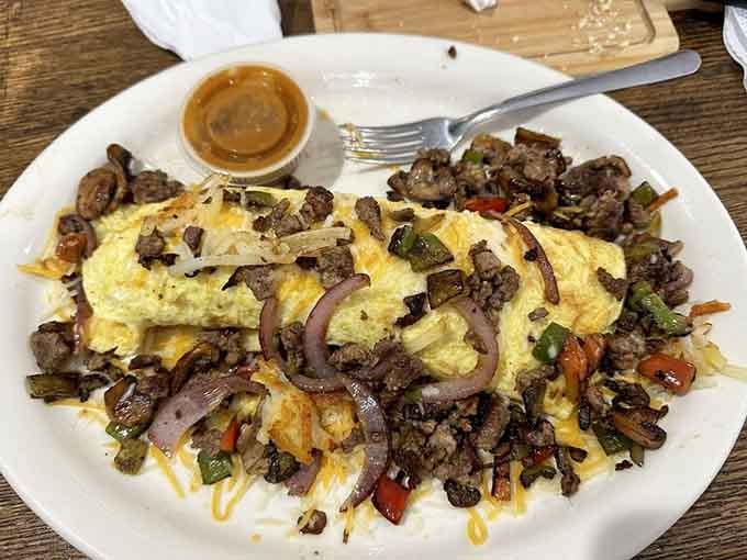 This steak omelet comes loaded with enough toppings to fuel your entire day, maybe even tomorrow too.