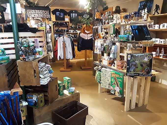 Rustic wooden displays showcase an eclectic mix of souvenirs that would make any cryptozoology enthusiast weak in the knees.