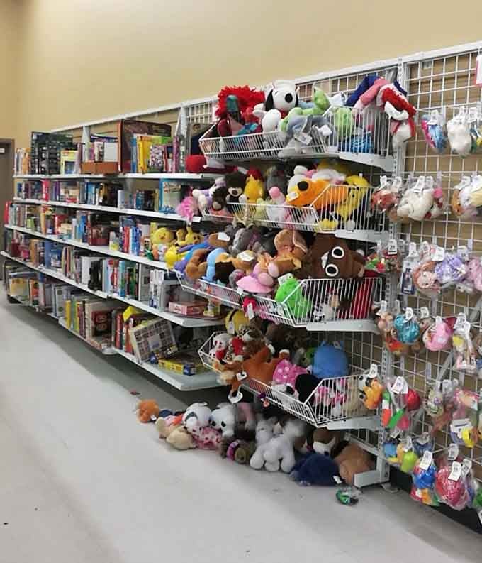 Stuffed animals overflow their baskets like a plush avalanche of childhood memories waiting to happen.