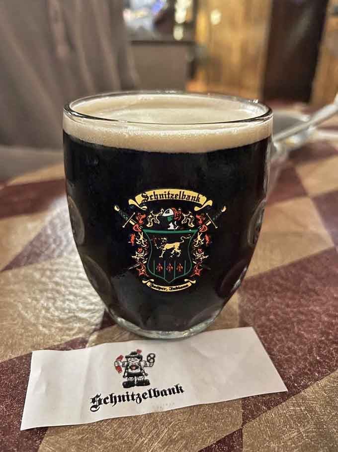 Dark German beer served in proper glassware, because some traditions are worth maintaining no matter where you are.