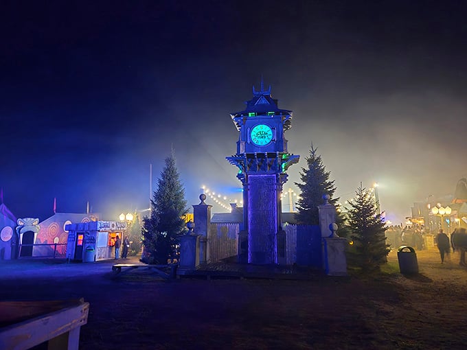 That glowing clock tower serves as a beacon, though it's guiding you toward fear rather than safety tonight.