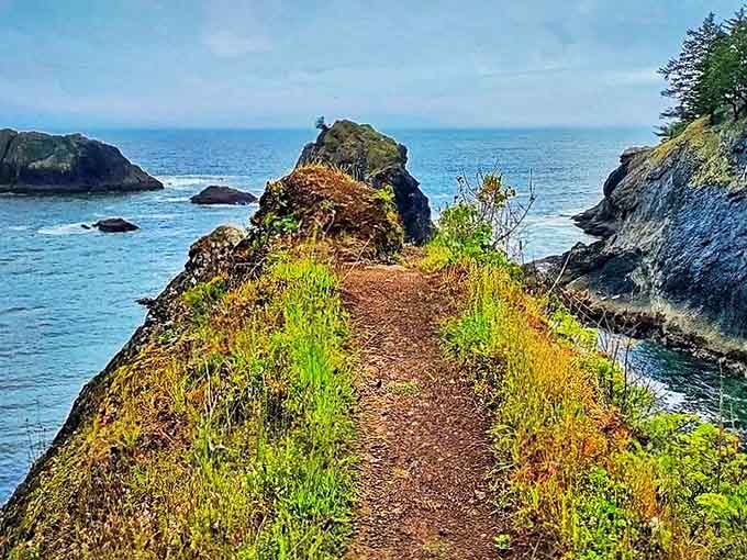 The trail winds along clifftops where every turn reveals another jaw-dropping vista of the rugged coastline below.