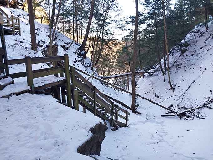 Winter transforms the wooden staircases into something from Narnia, minus the talking lions but equally magical.