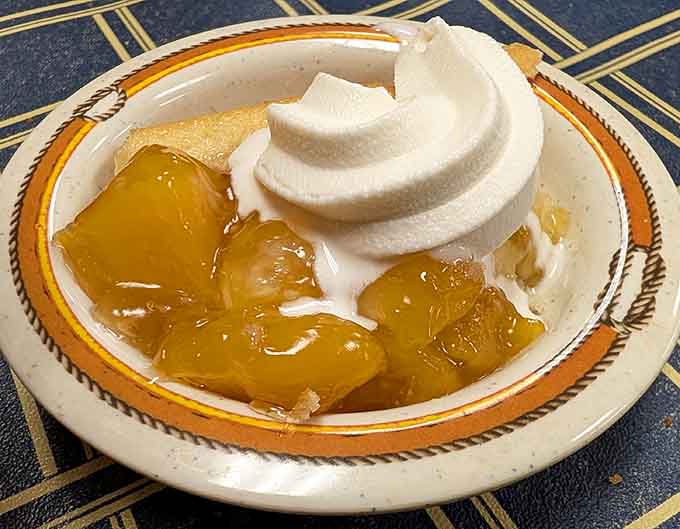 Peach cobbler topped with whipped cream, because fruit counts as healthy and dessert is always a good life decision.
