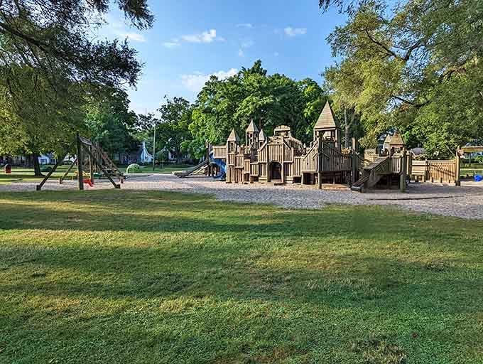 This playground looks like a medieval castle designer got really into family-friendly recreation and we're absolutely here for it.