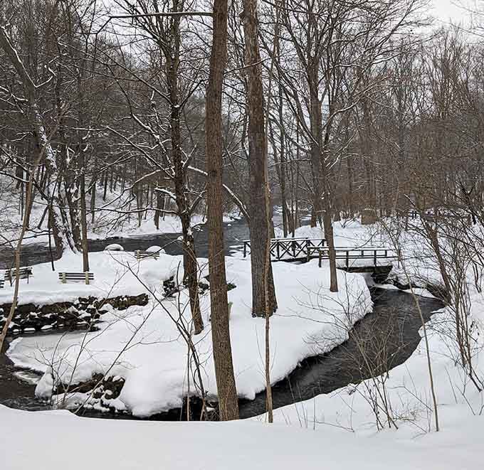 Winter turns the park into a Narnia-like wonderland, complete with footbridge and minus the talking lions.