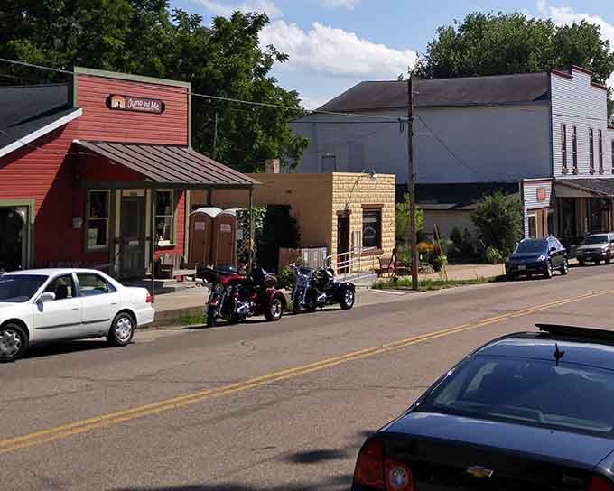 Motorcycles parked along Main Street hint at the kind of scenic roads that make riders plan their entire summer around.