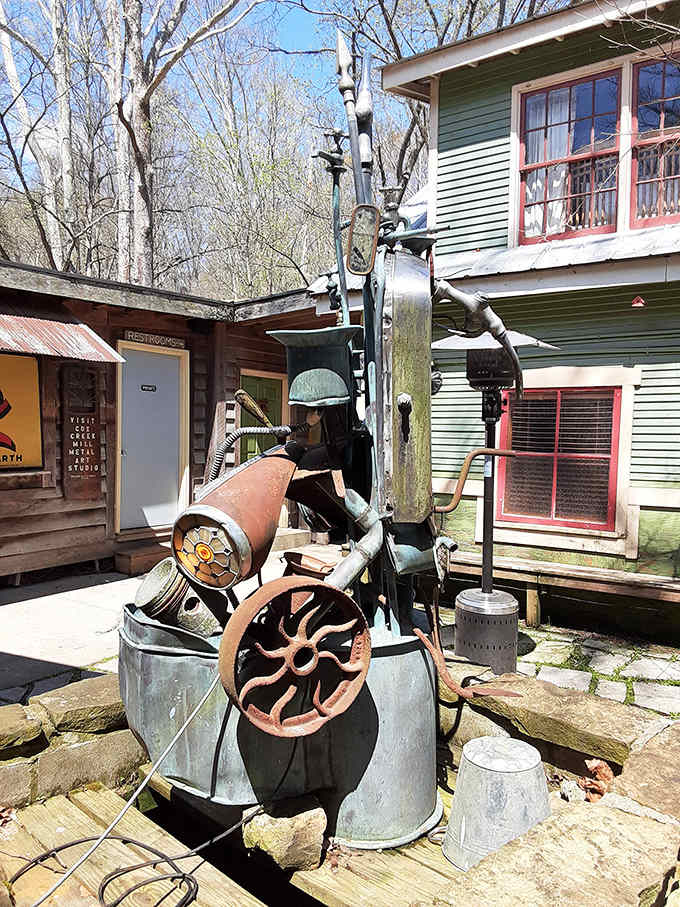 Folk art sculptures dot the property, adding whimsical touches to an already enchanting historical landscape throughout the grounds.