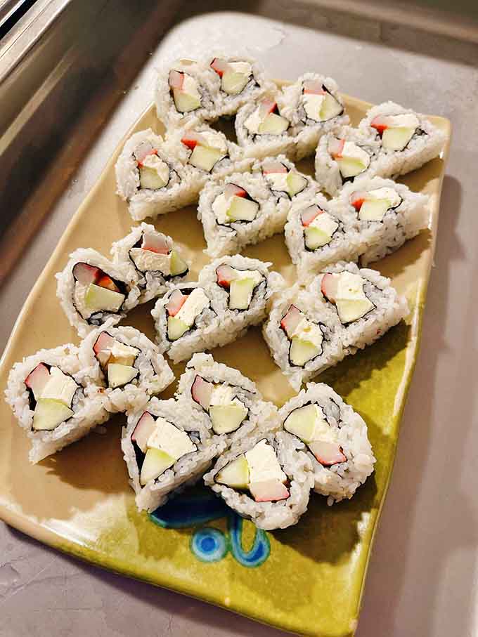 California rolls lined up like little soldiers, waiting to march straight onto your plate for round three.