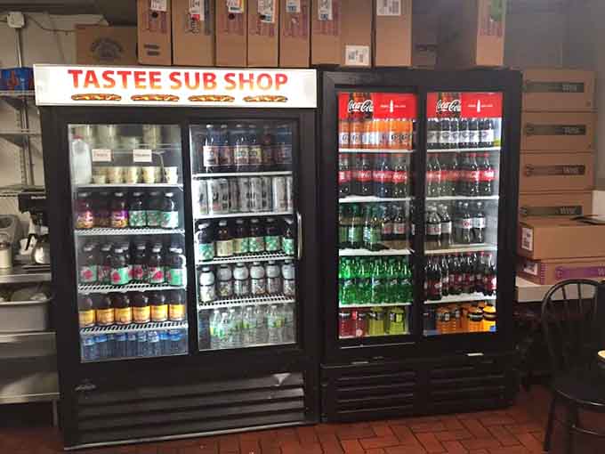Cold drinks waiting in formation, ready to wash down whatever delicious sandwich you've just ordered.