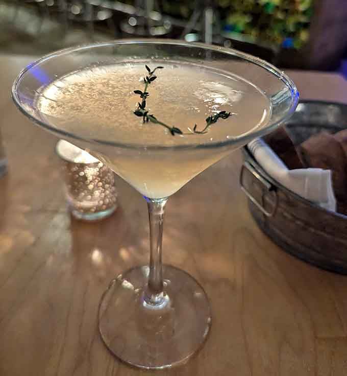 A perfectly crafted cocktail garnished with fresh herbs, because sophisticated seafood dining deserves equally sophisticated libations to match.