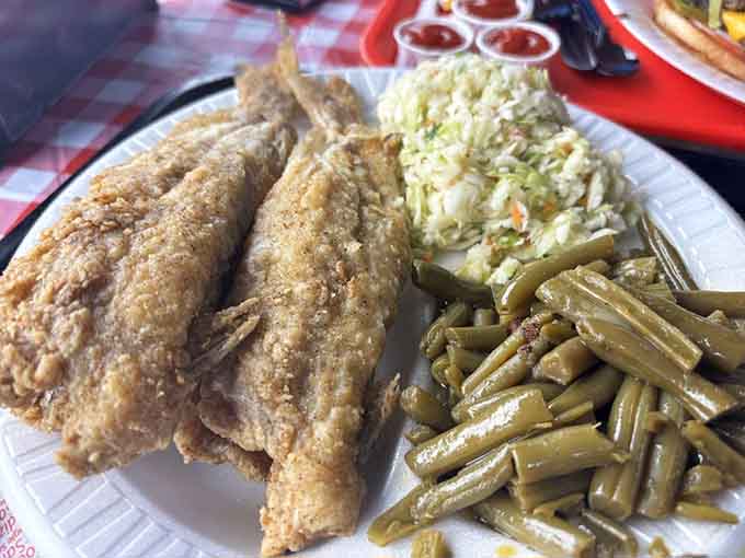 Golden catfish with green beans and slaw, because sometimes the classics just can't be improved upon, friend.
