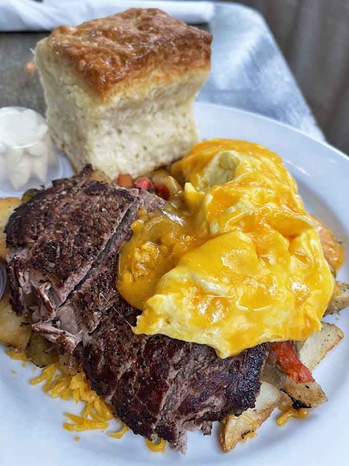 Steak, eggs, and a biscuit tall enough to have its own zip code create breakfast's holy trinity.