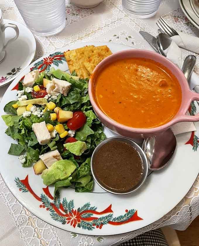 Vibrant soup and fresh salad prove that comfort food can be colorful and absolutely soul-satisfying too.