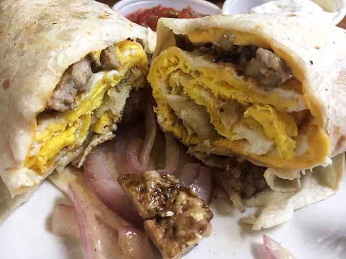 This breakfast burrito is stuffed with enough good stuff to fuel your entire day of island exploring and fudge sampling.